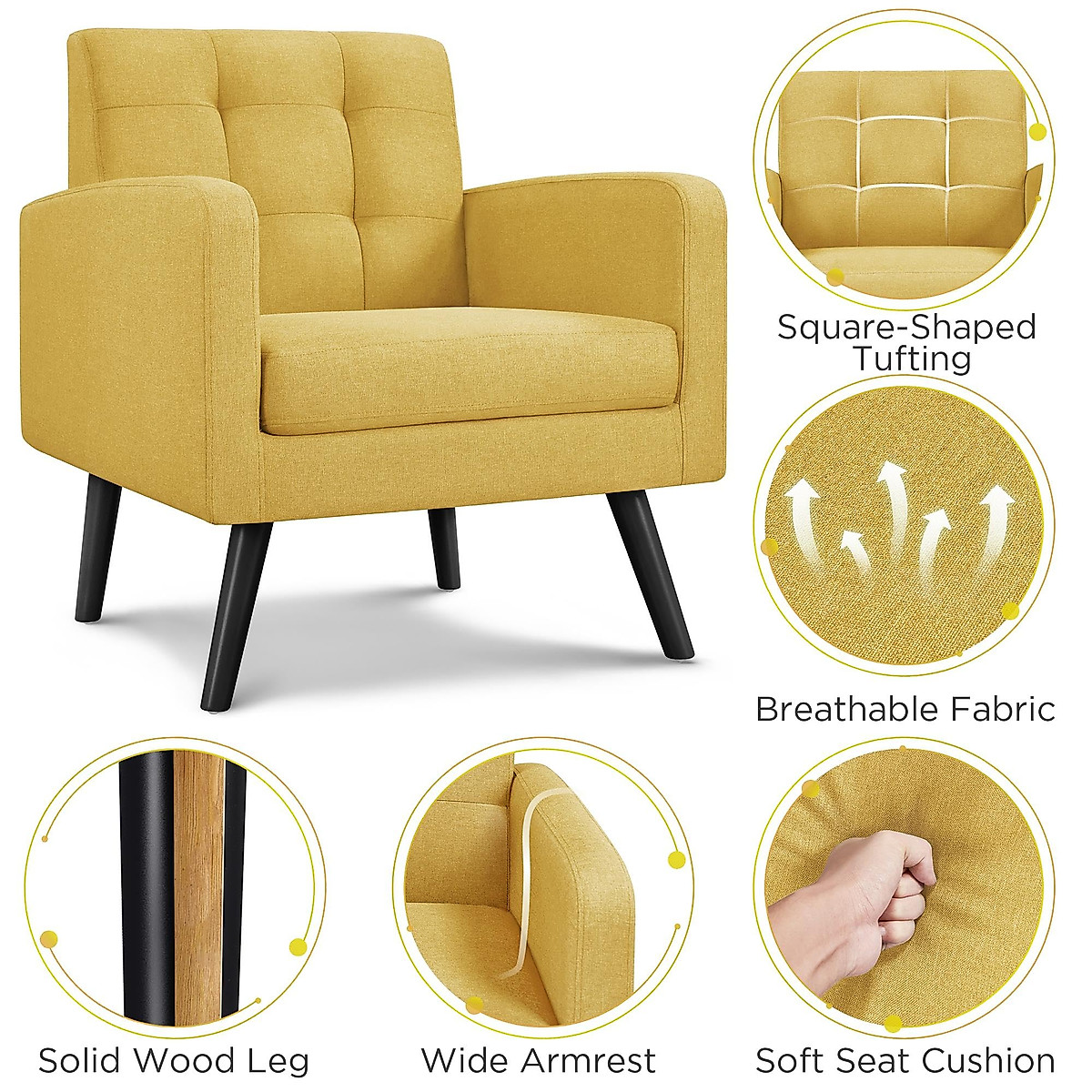 Yaheetech Mid-Century Accent Chairs, Modern Upholstered Living Room Chair, Cozy Armchair Button Tufted Back and Wood Legs for Bedroom/Office/Cafe, Set of 2, Yellow