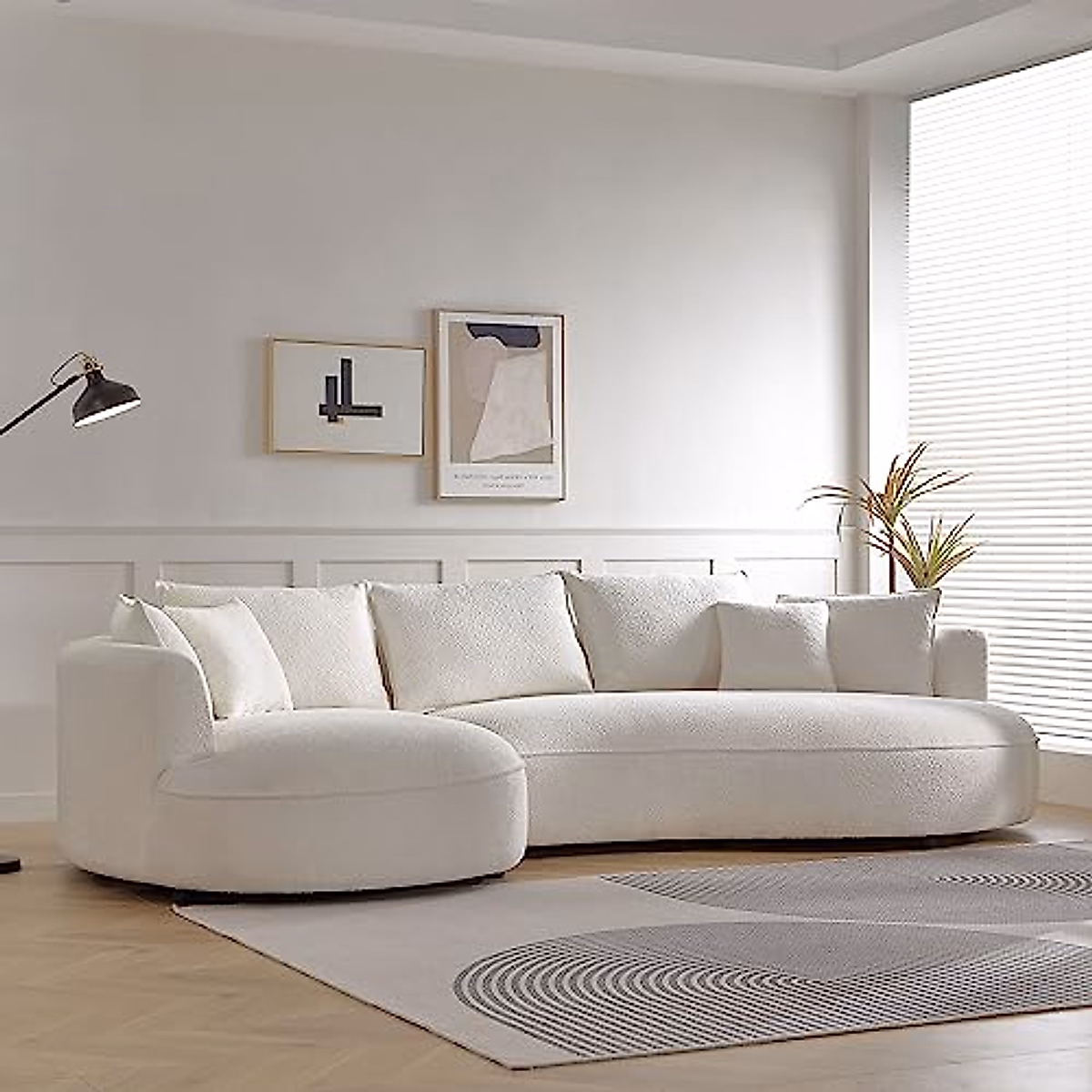 JUSTONE 124.8" Boucle Curved Sofa Cloud Couch for Living Room, Modern Mid-Century Curved Backrest Upholstered Sofa with Pillows, 3-Seat Sofa Couch for Home Apartment Office -Beige