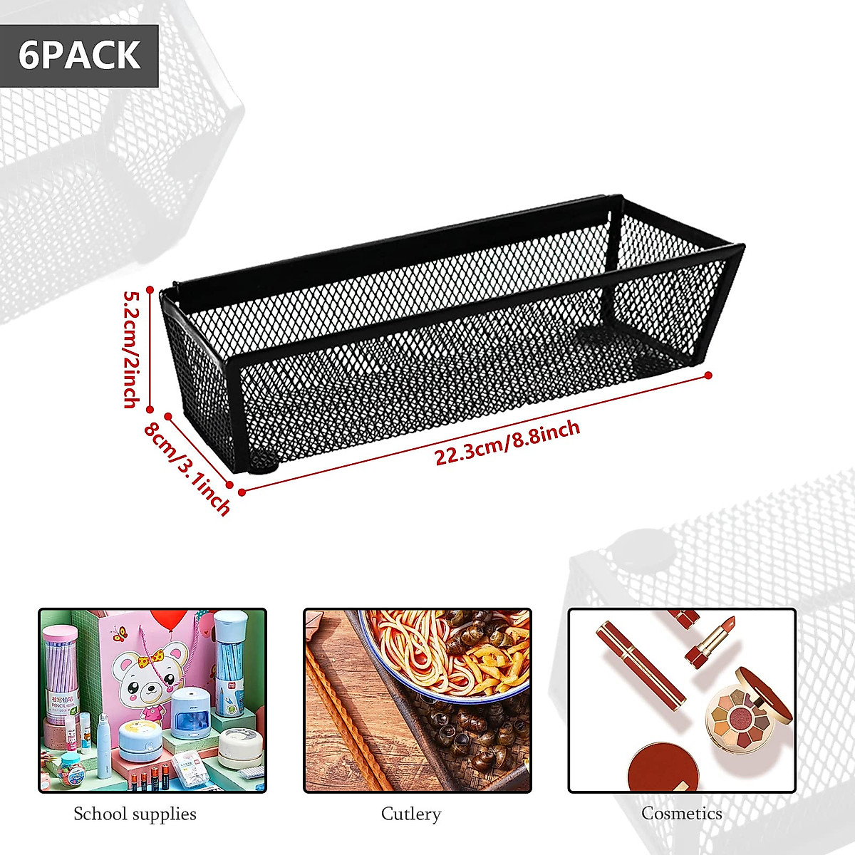 Chris.W 6Pcs Kitchen Utensil Drawer Organizers Tray Mesh Silverware Cutlery Tray with Interlocking Arm, Free Combination for Flatware Spoons Forks Knifes Storage (Black - 8.78x3.15x2in)