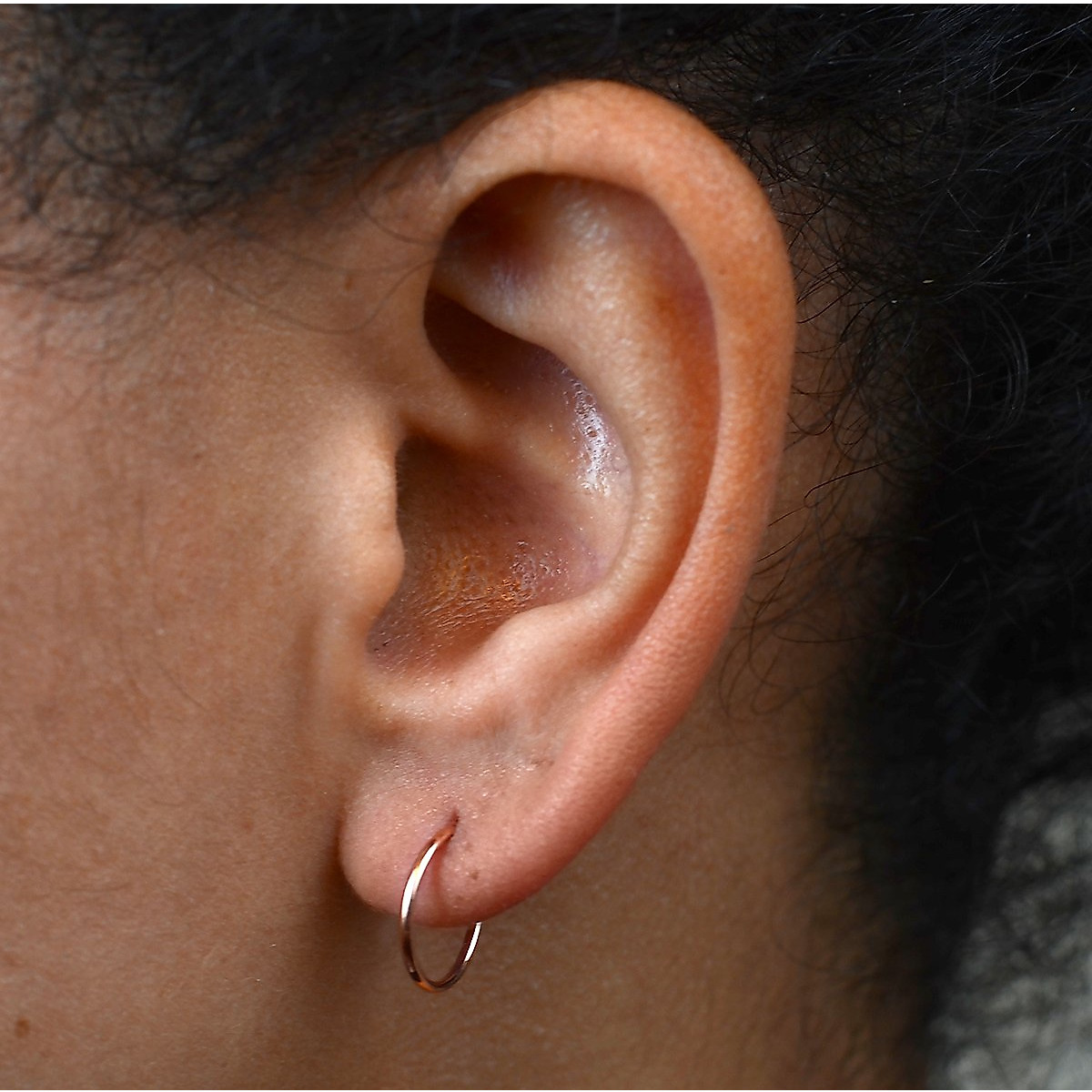 Tiny 14K Gold Thin Continuous Endless Hoop Earrings (1mm Tube) (12mm - Rose Gold)