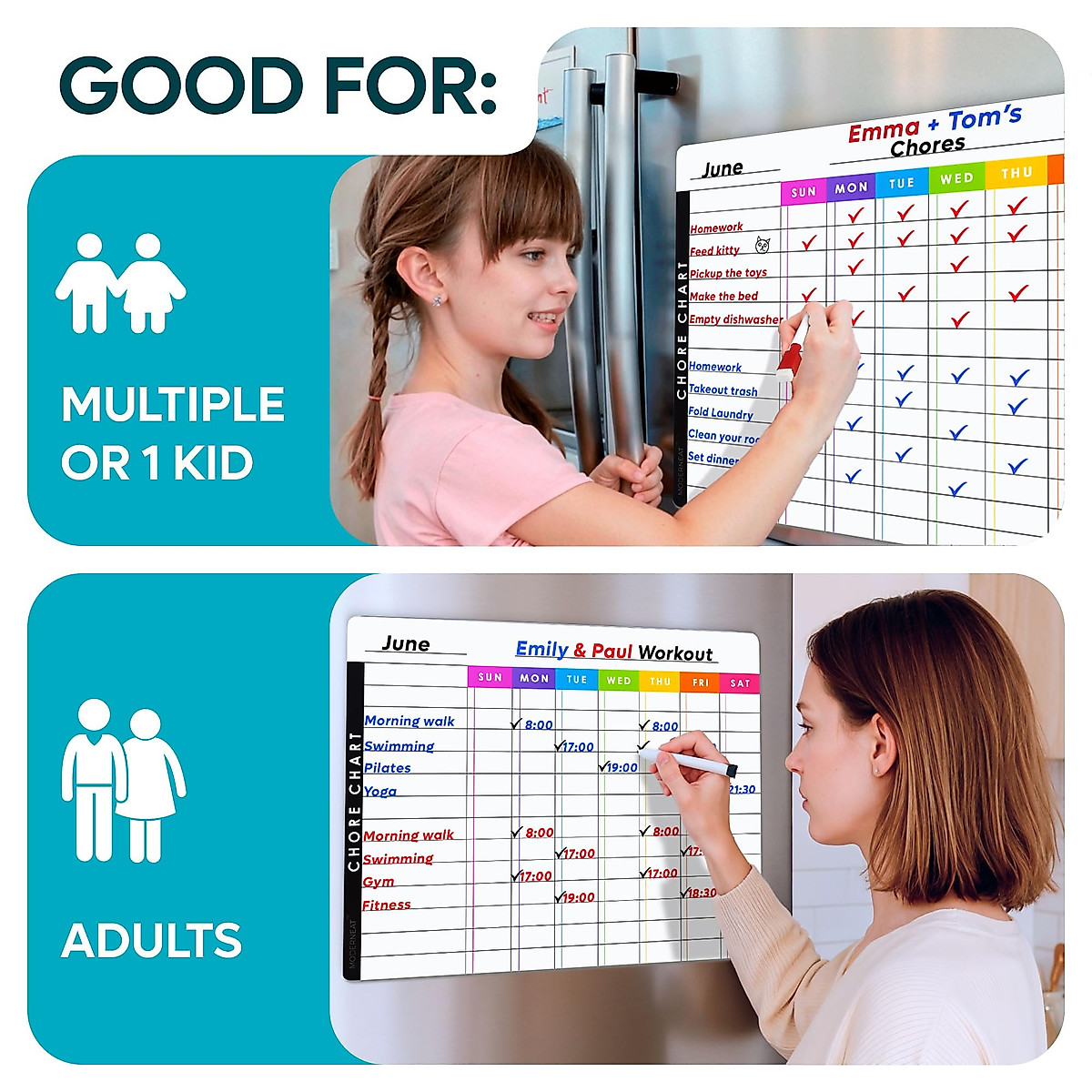 Magnetic Chore Chart Dry Erase Whiteboard Set - Reward Chores Chart for Multiple Kids, Teens & Adults (11.5"x 15"), Daily To-Do, Grocery, Notes (7"x 9") -Behavior Chart For Fridge & 6 Fine Tip Markers