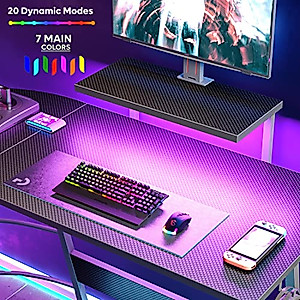 Bestier LED Gaming Desk Carbon Fiber Black L Shaped Computer Desk with Monitor Shelf Corner PC Gaming Table 2 Headset Hooks Home Office L Desk, 20 LED Modes 51 Inch