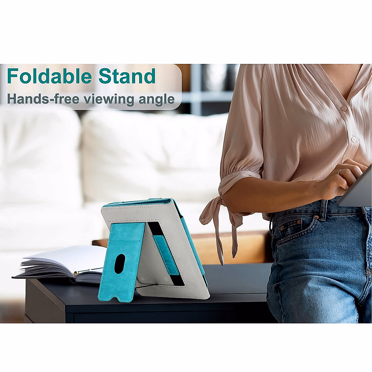 RSAquar Case for 6.8" Kindle Paperwhite (11th Generation-2021) and Kindle Paperwhite Signature Edition, Slim PU Leather Cover with Auto Sleep Wake, Hand Strap, Card Slot and Foldable Stand, Sky Blue