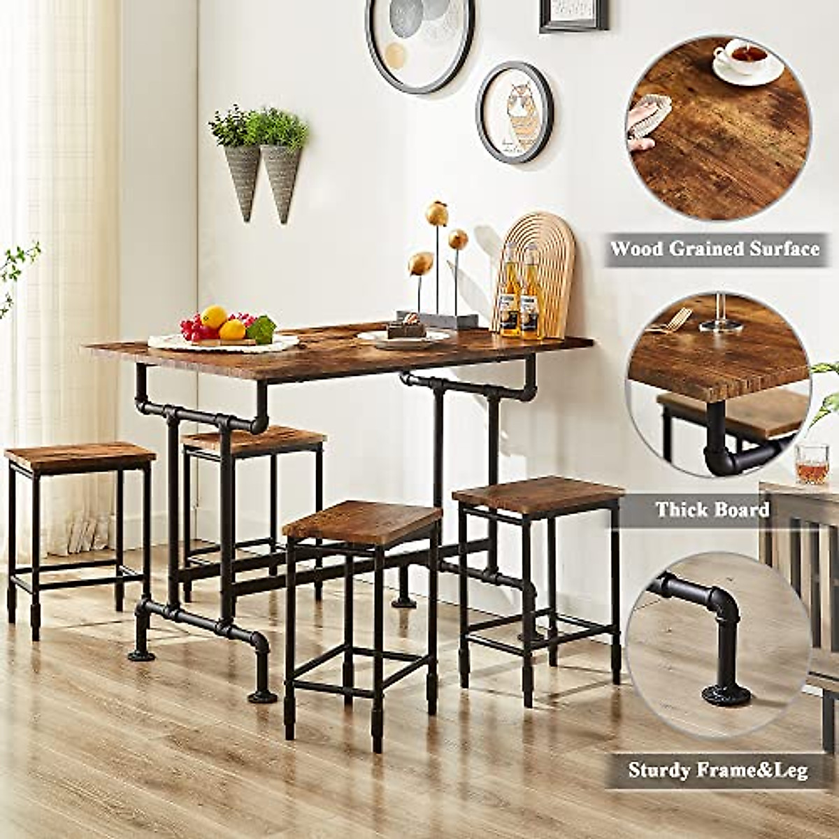 VECELO Dining Table Set for 4 Kitchen Industrial Bar Dinette with Rectangular Tabletop, Save Spacing&Sturdy Metal Frames for Home Breakfast Farmhouse Living Room Small Apartment, Brown