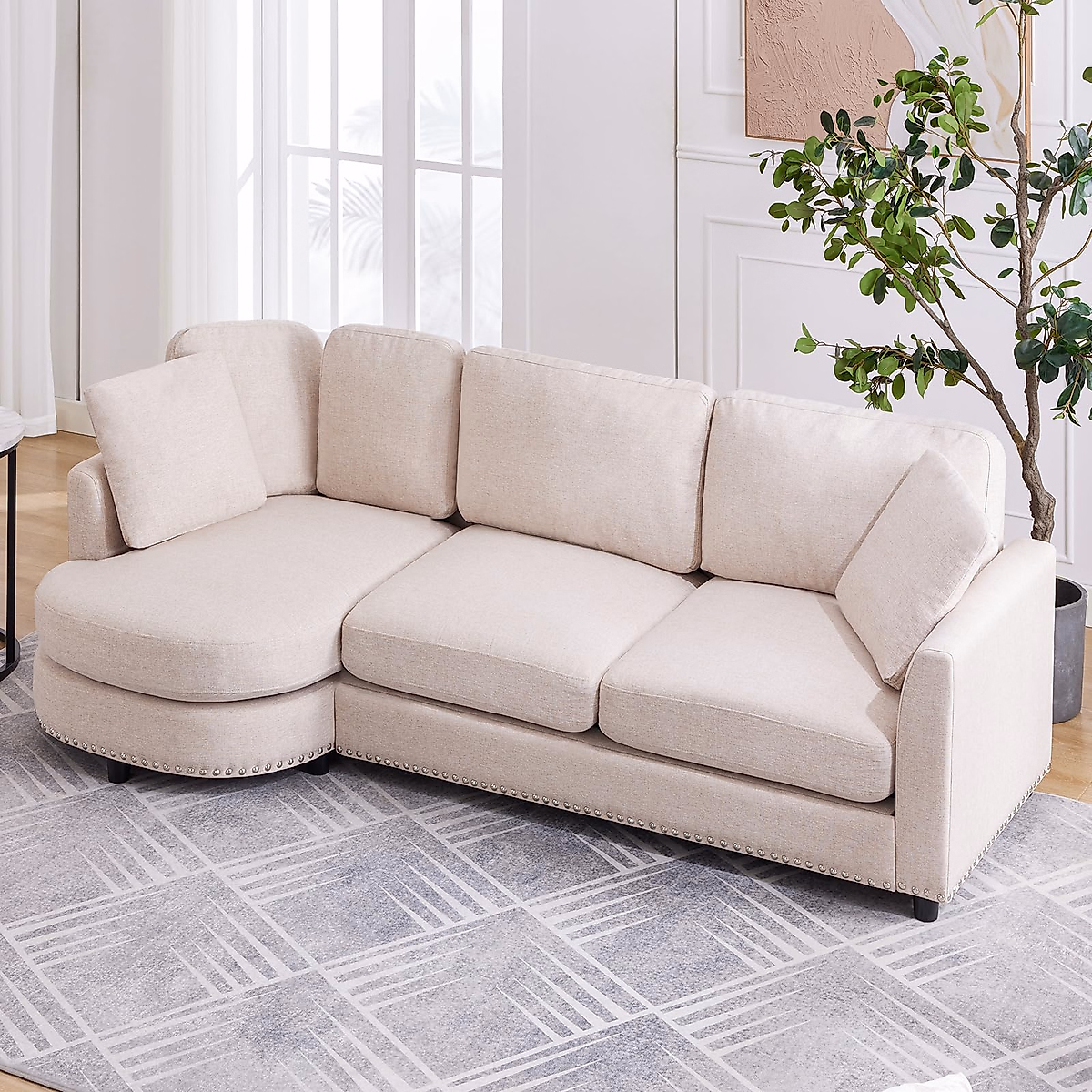 BALUS 89''W Sectional Sofa Couch with Chaise,Cloud Couch 3 Seat L-Shaped Sofa with 2 Throw Cushions, Modern Linen Fabric Beige Sectional Couches for Living Room