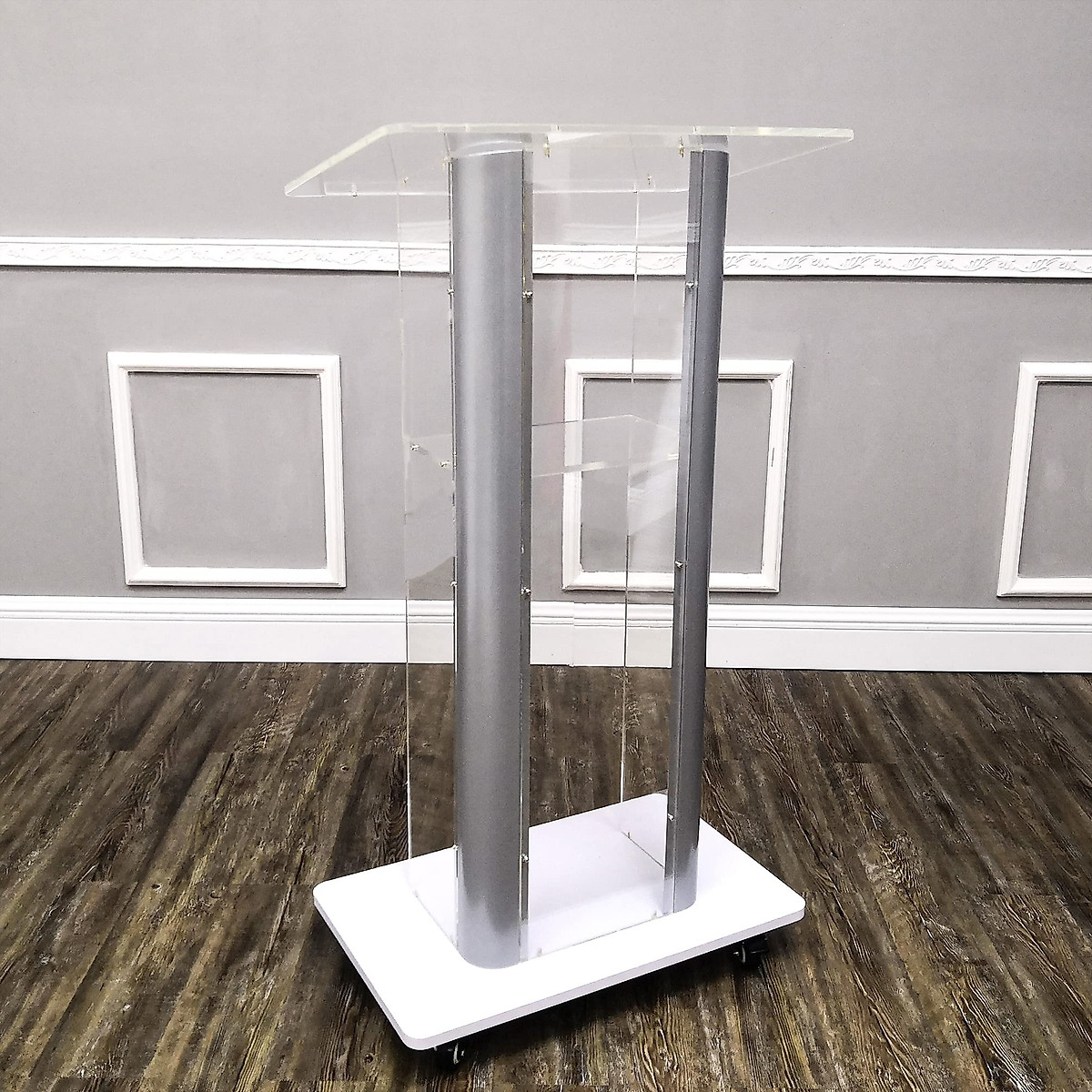 FixtureDisplays Clear Acrylic Plexiglass Podium Curved Steel Sides Church Pulpit School Lectern Debate Funeral Home Conference 14310-NF