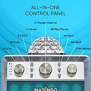 MASINGO 2023 Karaoke Machine for Adults & Kids with 2 Wireless Microphones - Portable Singing PA Speaker System Set w/Two Bluetooth Mics, Disco Ball Party Lights & TV Cable - Ostinato M7