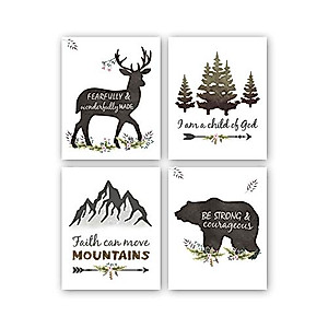 KAIRNE Woodland Inspirational Quote Art Print,Forest Animals Bible Verse Canvas Poster Picture,Set Of 4(8”x10”,Unframed) Watercolor Nursery Wall Art For Kids Room Decor