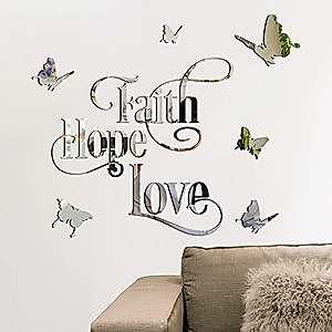 Faith Hope Love 3D Acrylic Mirror Wall Stickers, HOLENGS 3D Butterfly Mirror Surface Peel and Stick Removable Motivational Letter Wall Decals, Crystal DIY Wall Decor for Home Living Room Bedroom