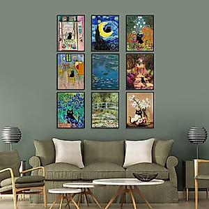 9 Pieces of Matisse's interesting Black Cat Posters Wall Art Print Monet Eclectic Aesthetics Retro Wall Decoration Cat Lover Canvas Flower Printing Colorful Farmhouse Gallery Bedroom Bathroom