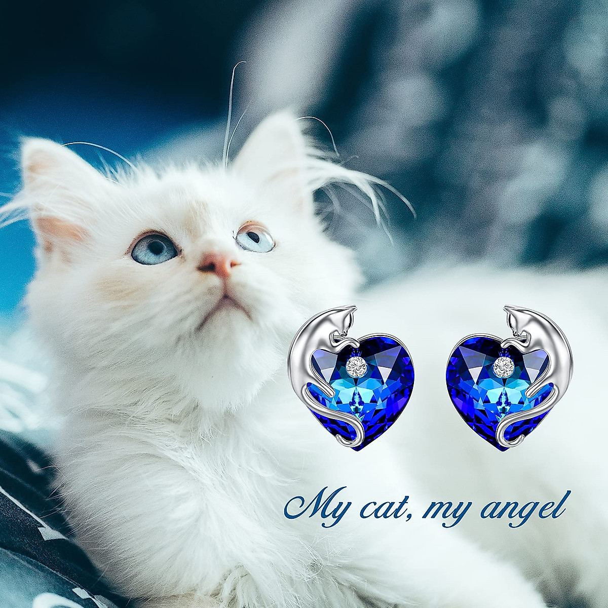 Cat Earrings Sterling Silver Cute Cat Studs Earrings with Ocean Blue Heart Crystals from Austria, Cat Jewelry Gifts for Women Cat Lover
