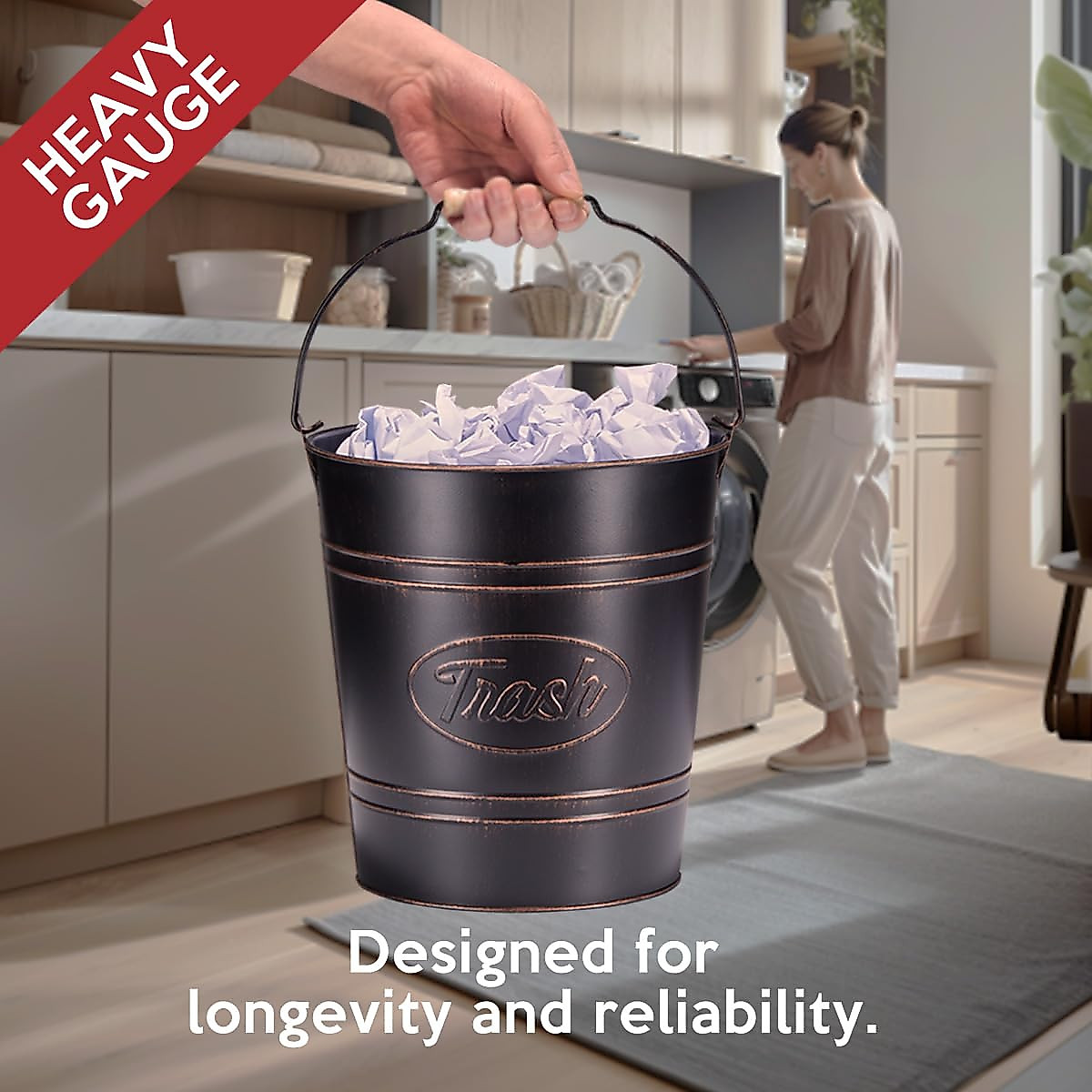 Pack 2, Rustic Farmhouse Bathroom Trash Can, Modern Country Style Galvanized Farm Metal Kitchen Trash Bucket, Large Vintage Waste Basket, Industrial Chic Bucket Garbage Can Bin, Western Garbage Pail