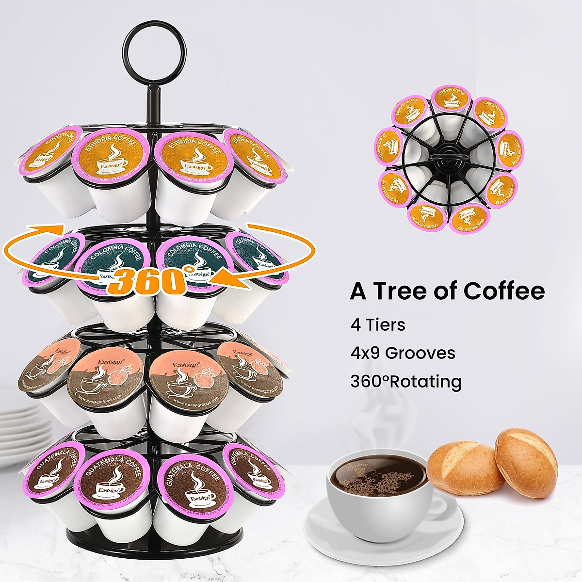 Eastsign Coffee Pod Holder, Coffee Pod Organizer Compatible with 36 K-Cup Pods, Coffee Pod Holder for Counter, Detachable Organizer for Countertop, Spins 360-Degrees