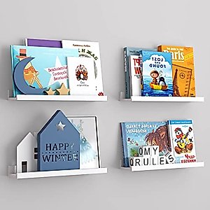 JOLLYMER Nursery White Shelves for Wall, Set of 4 Floating Bookshelf for Kids Room, Picture Ledge Wall Shelves for Bedroom, Living Room, Office Decor, 16Inch