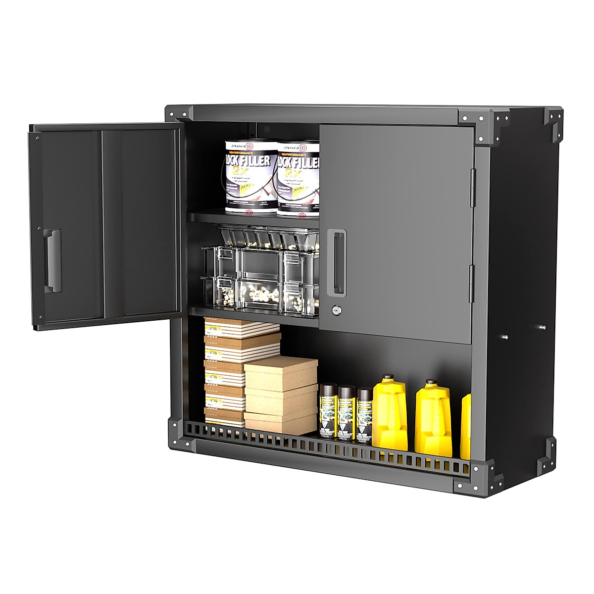 Aobabo Metal Wall Storage Cabinet with Locking Door and 1 Shelf 1 Opened Drawer, Wall-Mounted Storage Cabinet for Garage, Warehouse, Office, Black, Assembly Required