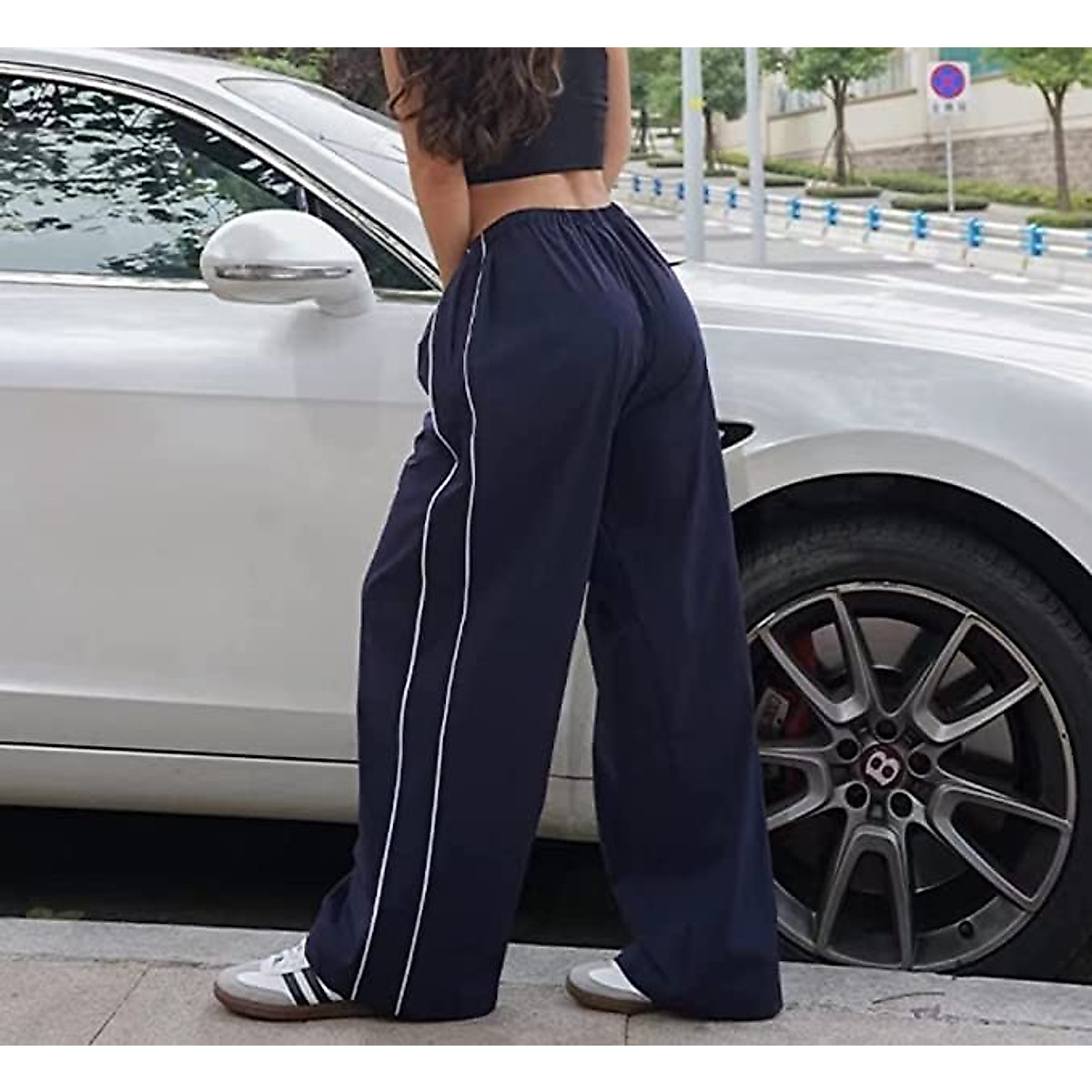 MANGMAO Womens Y2k Track Pants Y2k Clothing Parachute Pants High Waisted Cargo Pants with Pockets Trendy Baggy Sweatpants (Navy,S,Small)