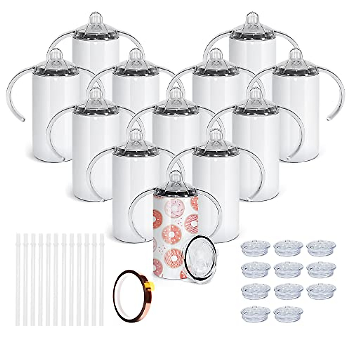 AGH Sublimation Sippy Cups Blanks with Handles, 12 Pack 12 oz Straight Sublimation Tumblers Stainless Steel Insulated Skinny Tumblers with Splash-proof Lid, Shatterproof Water Tumbler