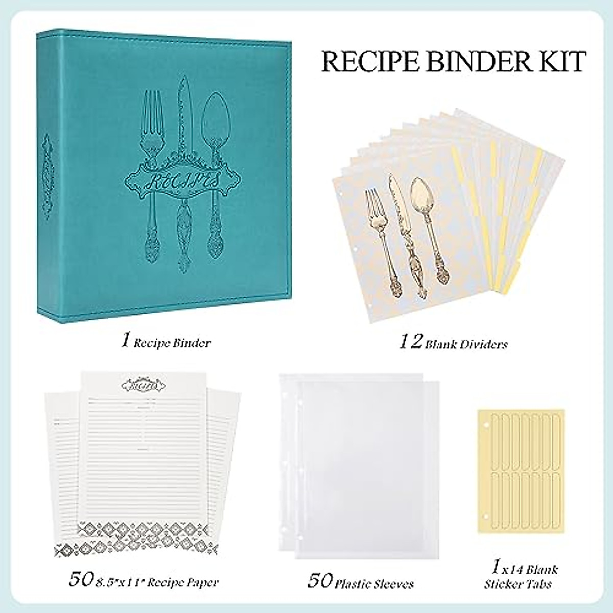 COFICE Recipe Binder – 8.5x11 3 Ring Blank Family Recipe Book Binder Kit to Write in Your Own Recipes with PU Faux Leather Cover and Plastic Sleeves (Blue)