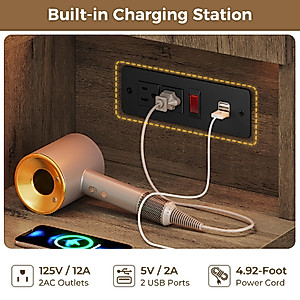 VIAGDO Vanity Desk with LED Lighted Mirror and Chair, 5 Drawers Makeup Vanity Set with Charging Station & RGB Jewelry Cabinet, Farmhouse Vanity Table with Open/Hidden Storage Shelves for Bedroom