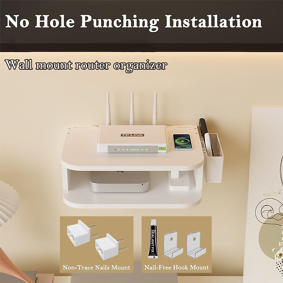 W WWEENUO Floating Projector Shelf Rack, WiFi Router Storage Box, Wall Mounted Cable Box Cover Hider TV Shelf for DVD Players, TV Boxes, Remote Controls, Wireless WiFi (2 Tier)