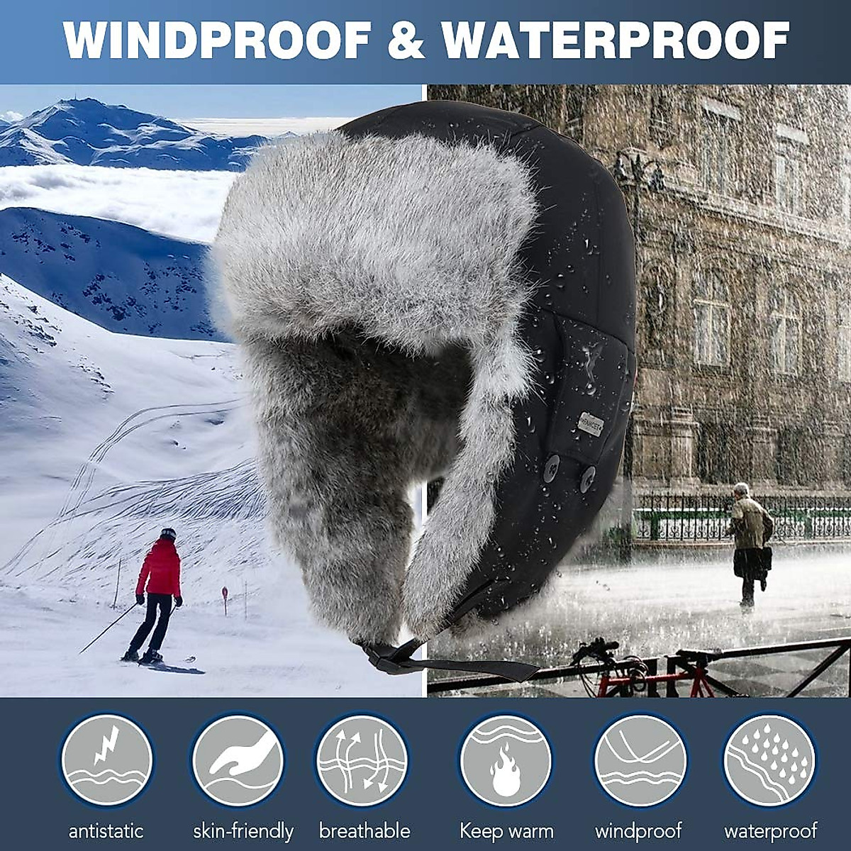 Comhats Winter Earflap Men Trooper Trapper Black Hat 100% Rabbit Fur Lined Russian Ushanka Medium/Large
