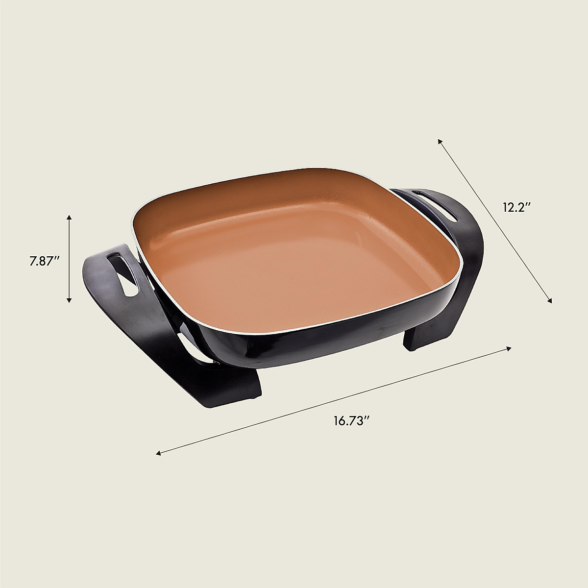 BELLA Electric Ceramic Titanium Skillet, Roast, Fry and Steam, Healthy-Eco Non-stick Coating, Convenient Easy Clean Up, Glass Lid Included, 12" x 12", Copper/Black