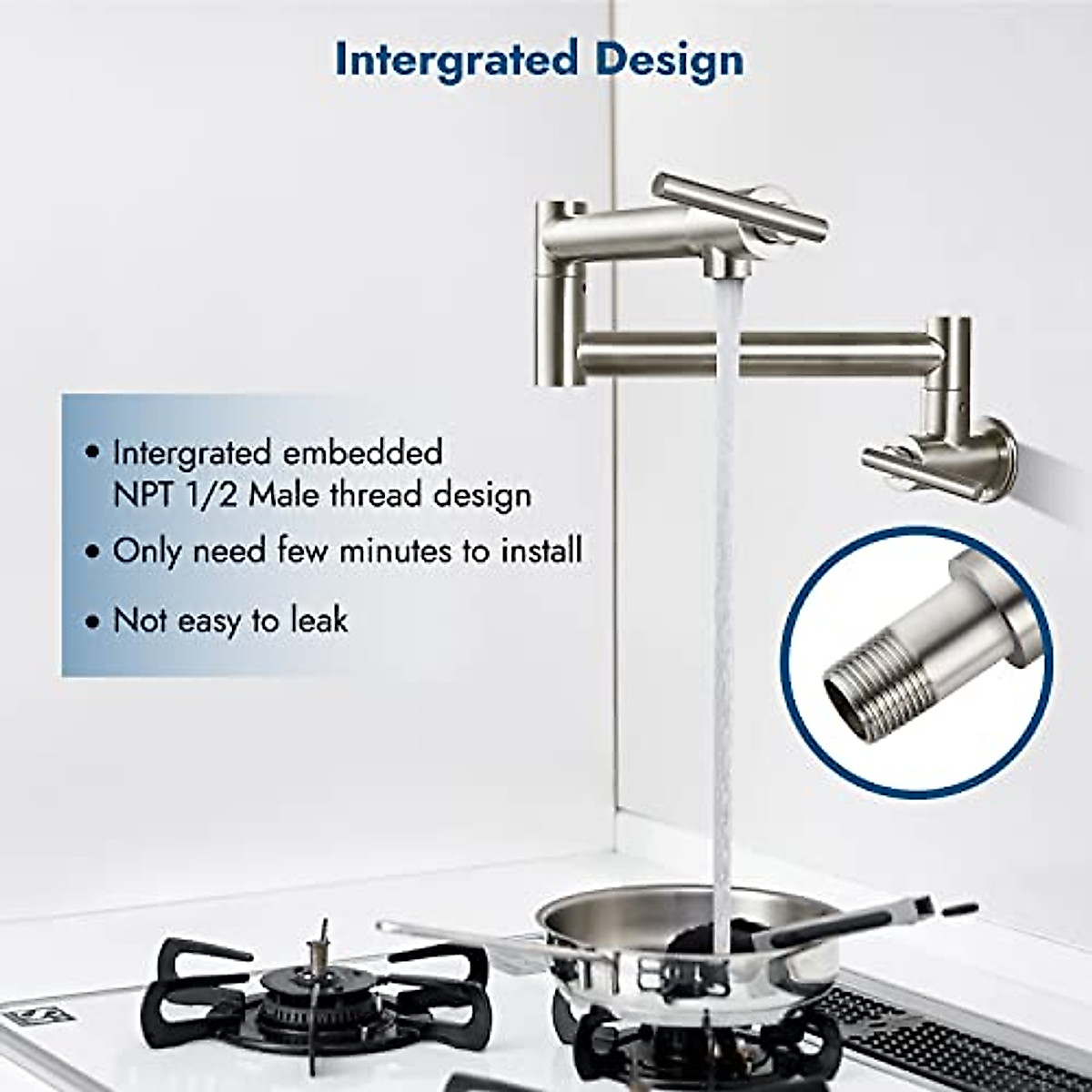 Cinwiny Brushed Nickel Pot Filler Wall Mount Kitchen Restaurant Sink Faucet Stainless Steel Stretchable Commercial Faucet with Folding Double Joint Swing Arm Single Hole Two Handles