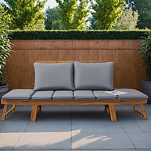 Greesum Patio Convertible Couch Sofa Bed with Adjustable Armrest, Acacia Wood Outdoor Daybed with Cushion & Pillow, Folding Chaise Lounge Bench for Porch Courtyard Poolside，Gray