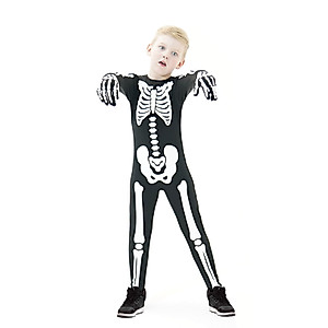 FAYBOX Skeleton Costume for Kids Boys,Glow in The Dark Halloween Costume Skeleton Onesie for Toddler(8-9)