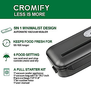 Cromify Vacuum Sealer Machine, Automatic Food Saver One-Touch Safe Operation 80kPa Strong Power, Dry Moist Modes, Kit of Rolls&Hose&Replaceable Bags