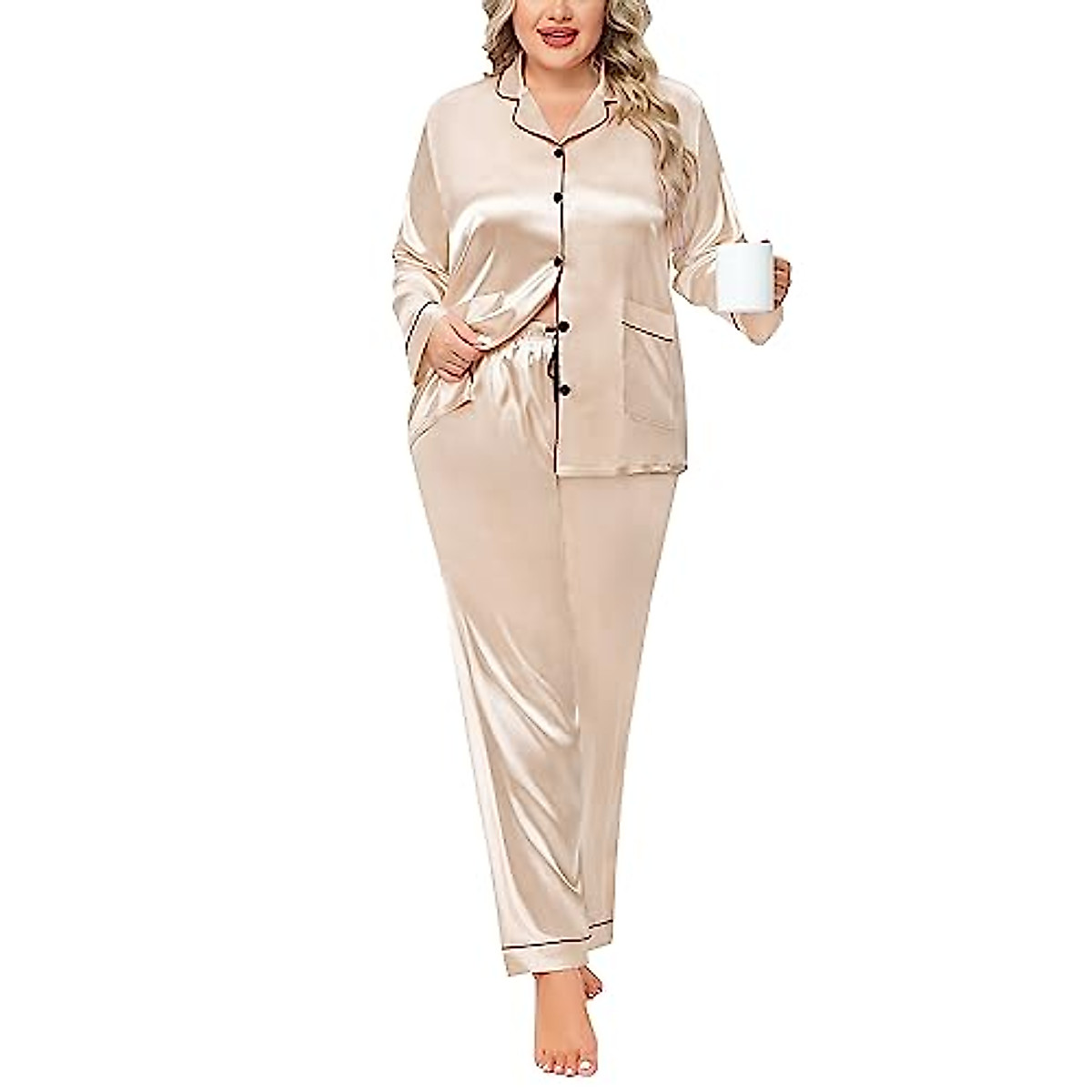 SWOMOG Women Plus Size Long Sleeve Pajamas Silk Satin Womens Pajama Sets Button Down Sleepwear Top Pj Loungewear with Pockets Champagne