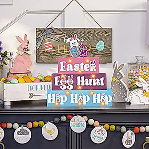 Easter Wooden Block Sign with Led Lights- Easter Egg Hunt Hop Hop Hop Light up Wood Sign for Table Mantle - Spring Easter Farmhouse Home Kitchen Battery Operated Wooden Sign Tabletop Tiered Tray Decor