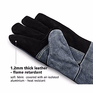 OZERO 932°F Heat Resistant Welding Gloves 16 inches Cowhide Leather - Long Sleeve and Insulated Lining BBQ Glove for Tig Welder/Mig/Grill/Barbecue/Green Egg/Stove Black-gray