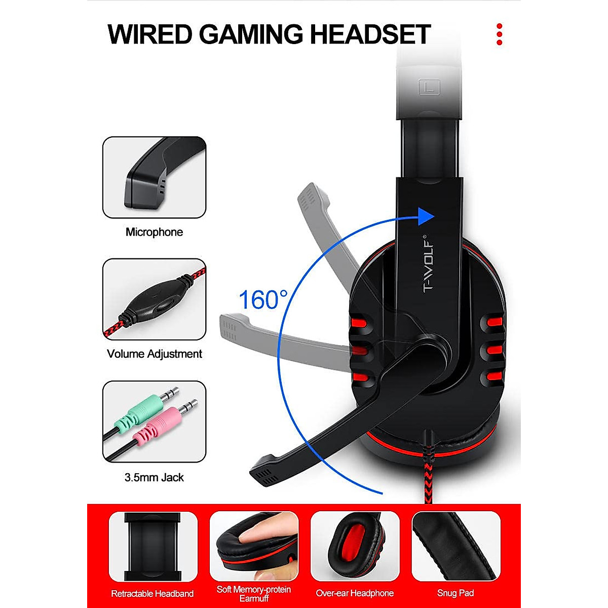 T-Wolf Gaming Combo TF800 Keyboard/Mouse/Headphone/Mouse Pad Wired LED RGB Backlight Bundle for PC Gamers Users - 4 in 1, Black