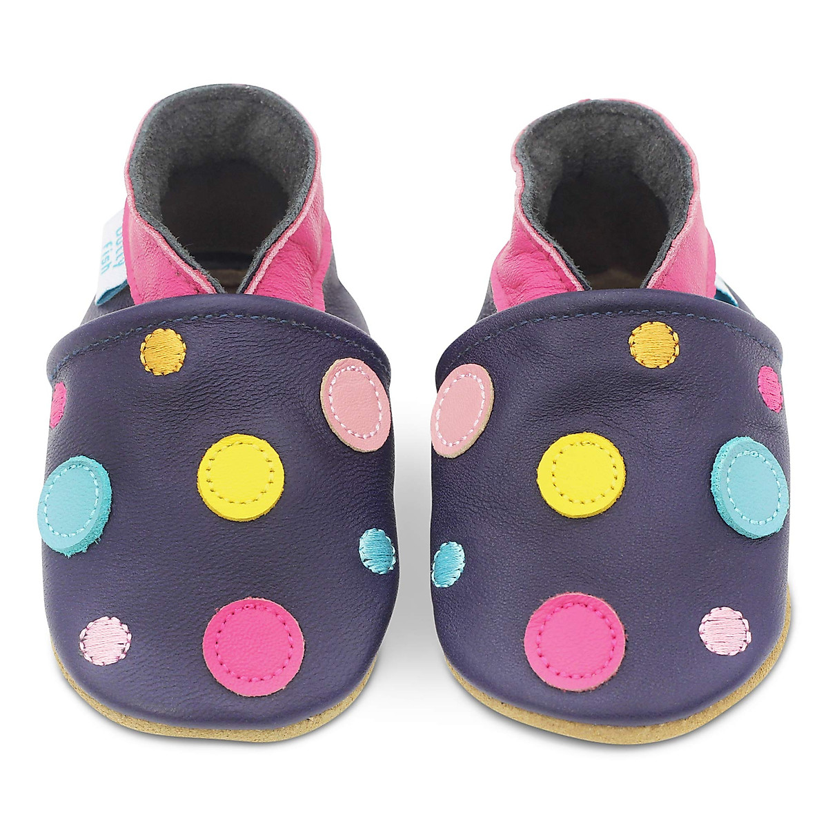 Dotty Fish Soft Leather Infant Shoes Girls pre-Walkers. Pink with Cut-Out Hearts. 6-12 Months