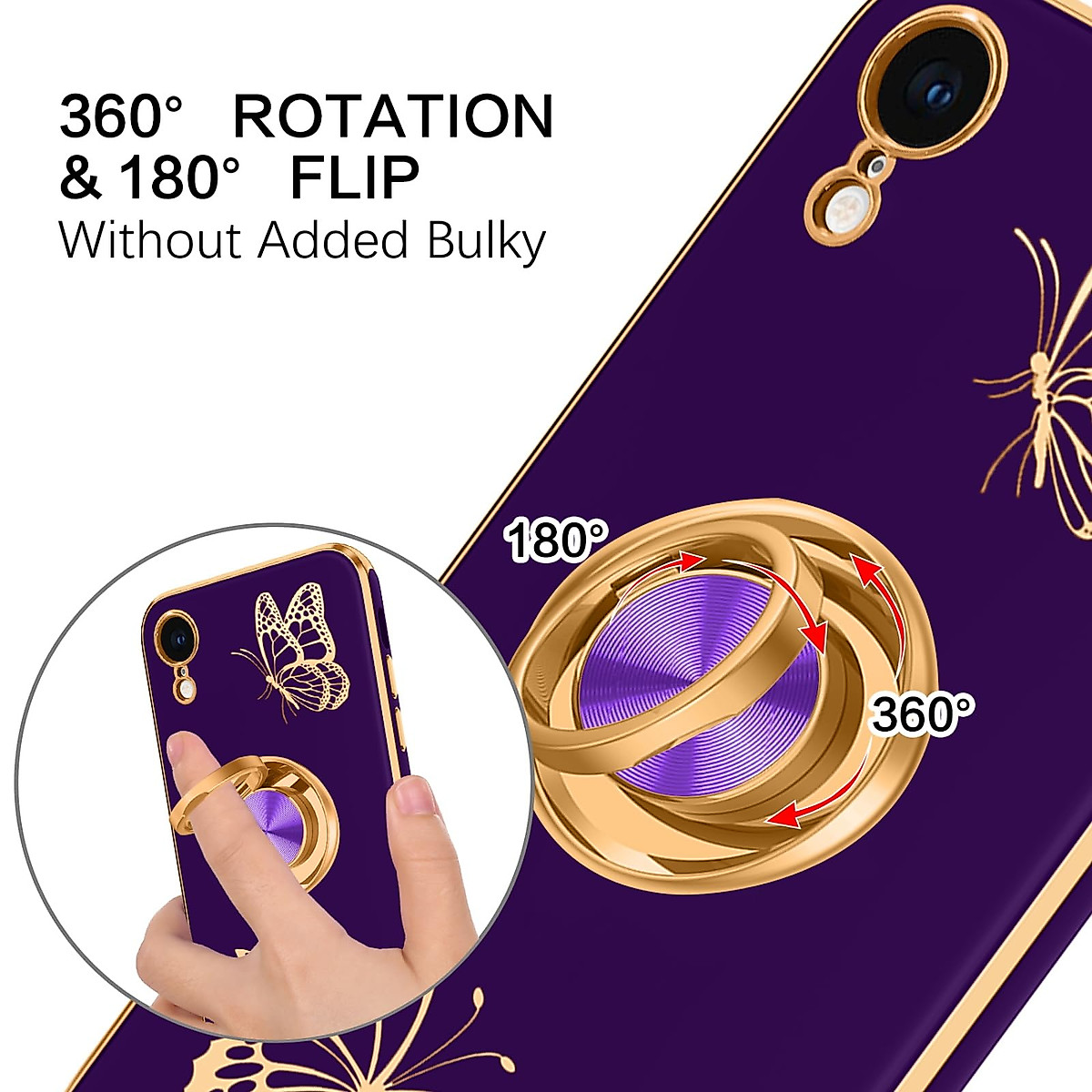 BENTOBEN iPhone XR Case, Phone Case iPhone XR 6.1, Slim Fit Gold Butterfly Design Kickstand Ring Holder Shockproof Protection Soft TPU Bumper Drop Protective Girl Women Boy iPhoneXR Cover, Deep Purple