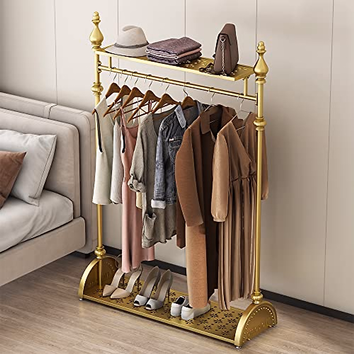 Clothing Rack Gold, Industrial Clothes Rack for hanging Clothes with Double Shelves Freestanding Multi-functional Heavy Duty Garment Rack, Metal Movable Portable Coat Rack for Organizing Clothes Shoes