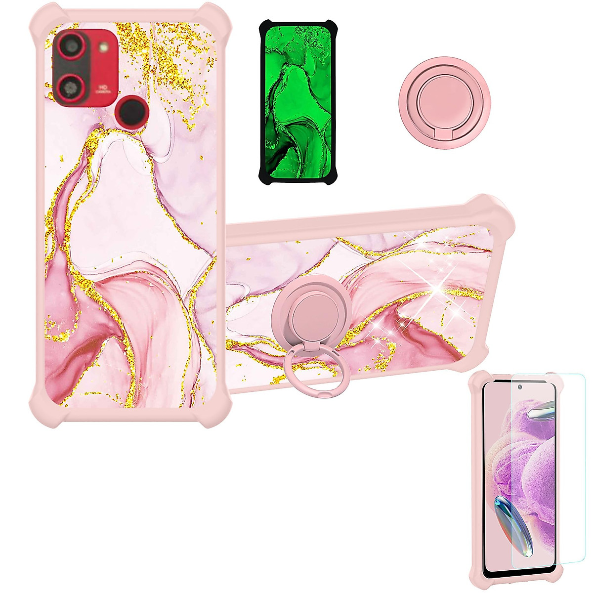 Aroepurt Case for Vortex HD65 Case Compatible with Vortex HD65 Phone Case Cover [with Tempered Glass Screen Protector][Hard PC + Soft Silicone][Ring Support] [Gold Glitter+Luminous] JSF-FDL