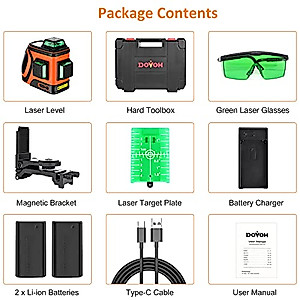 DOVOH High Visibility Laser Level Outdoor: Heavy Duty 3x360° Self Leveling Laser Levels for Construction Up To 197ft Long Range 110mw Diodes Green 12 Line Laser Leveler 3D Rechargeable, H3-360G