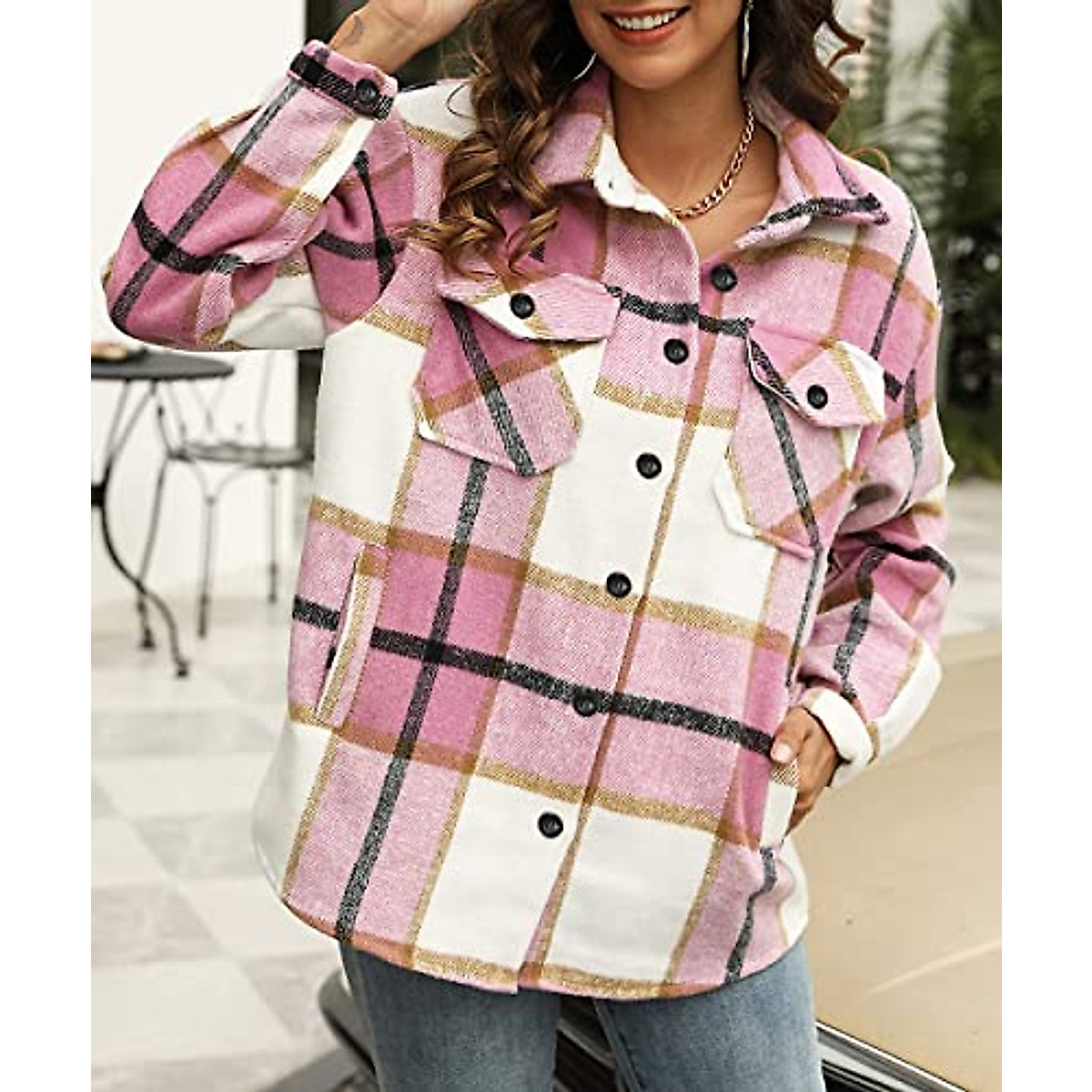 AUTOMET Womens Pink Jacket Casual Plaid Shacket Cute Long Sleeve Shirt Fall Jacket Shackets