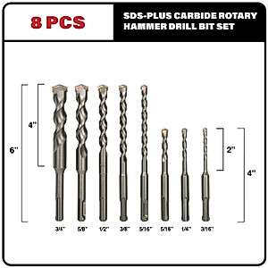 Sabre Tools 8-Piece SDS Plus Drill Bit Set, Carbide Tipped, Rotary Hammer Drill Bits for Brick, Stone, Concrete