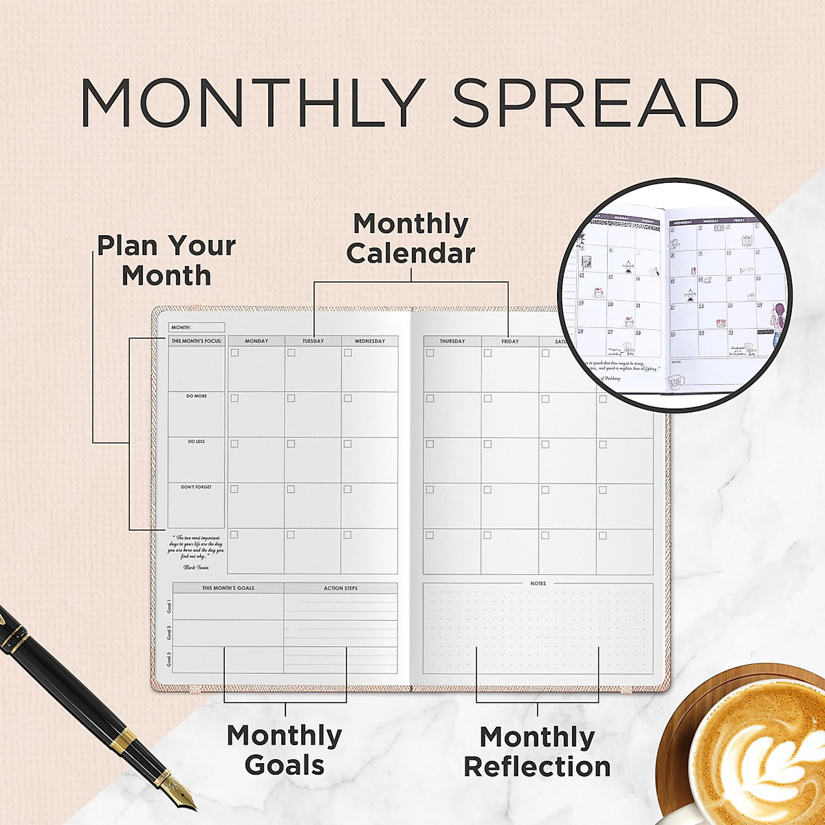 Wordsworth Undated Planner Weekly and Monthly - Dotted Blank Planner - Hardcover, Dateless Weekly Planner, 5.83 × 8.27In - Premium A5 Paper (120GSM) - Monthly, Weekly, Yearly Spread - Bullet Planner