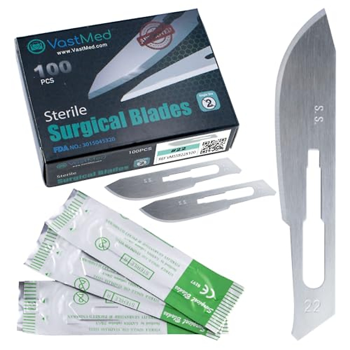 200PCs Dental Grade #22 Stainless Steel Sterile Surgical Blades by VASTMED | Individually Wrapped High Stainless Steel Dermablade Surgical Blade