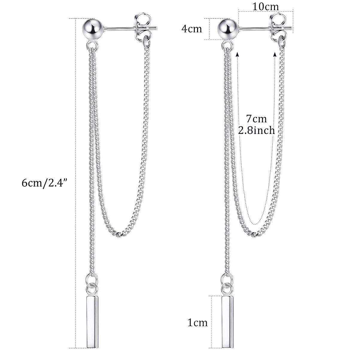 Milacolato 925 Sterling Silver Chain Earrings for Women 14K White Gold Plated Chain Dangle Bar Earrings Hypoallergenic Stud Earrings with Drop Tassel Chain for Sensitive Ears