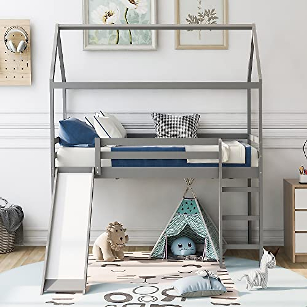 LostCat Twin Size Loft Bed with Slide, House Shaped Solid Pine Wood Bed Frame with Safety Guardrail & Ladder, No Box Spring Needed, Save Space Design for Kids, Teens, Girls, Boys, Grey