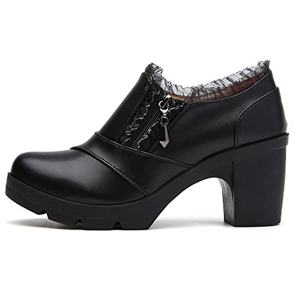 DADAWEN Women's Casual Zipper Lace Platform Mid-Heel Square Toe Oxfords Dress Shoes Black US Size 8