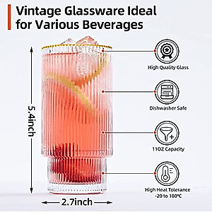 6 Pack 11oz Gold Rimmed Drinking Glasses Origami Style Set of Glass Cups, 6 Highball Glasses, Elegant Ripple Vintage Glassware, Iced Coffee Glasses, Ideal for Wedding, Whiskey, Beer, Cocktail, Juice