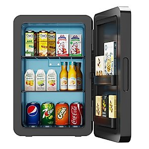 Kikihuose 22L/30Cans Mini Fridge for Bedroom, 12v DC Portable Cooler & Warmer, Mini Refrigerator with Glass Front, for Car Office Desk & Dorm Food Beverage Skincare Makeup (Black)