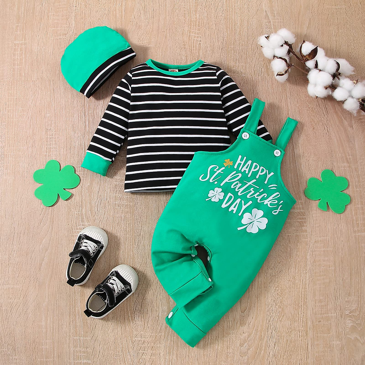VINUOKER Baby Toddler Boy First St.Patrick's Day Outfit Infant Stripe T-Shirt + St.Patrick's Day Overalls Pant set