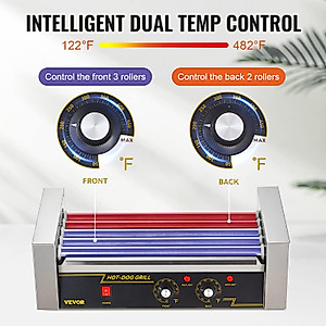 VEVOR Hot Dog Roller 5 Rollers 12 Hot Dogs Capacity, 750W Stainless Sausage Grill Cooker Machine with Dual Temp Control Glass Hood Acrylic Cover Bun Warmer Shelf Removable Oil Drip Tray ETL Certified